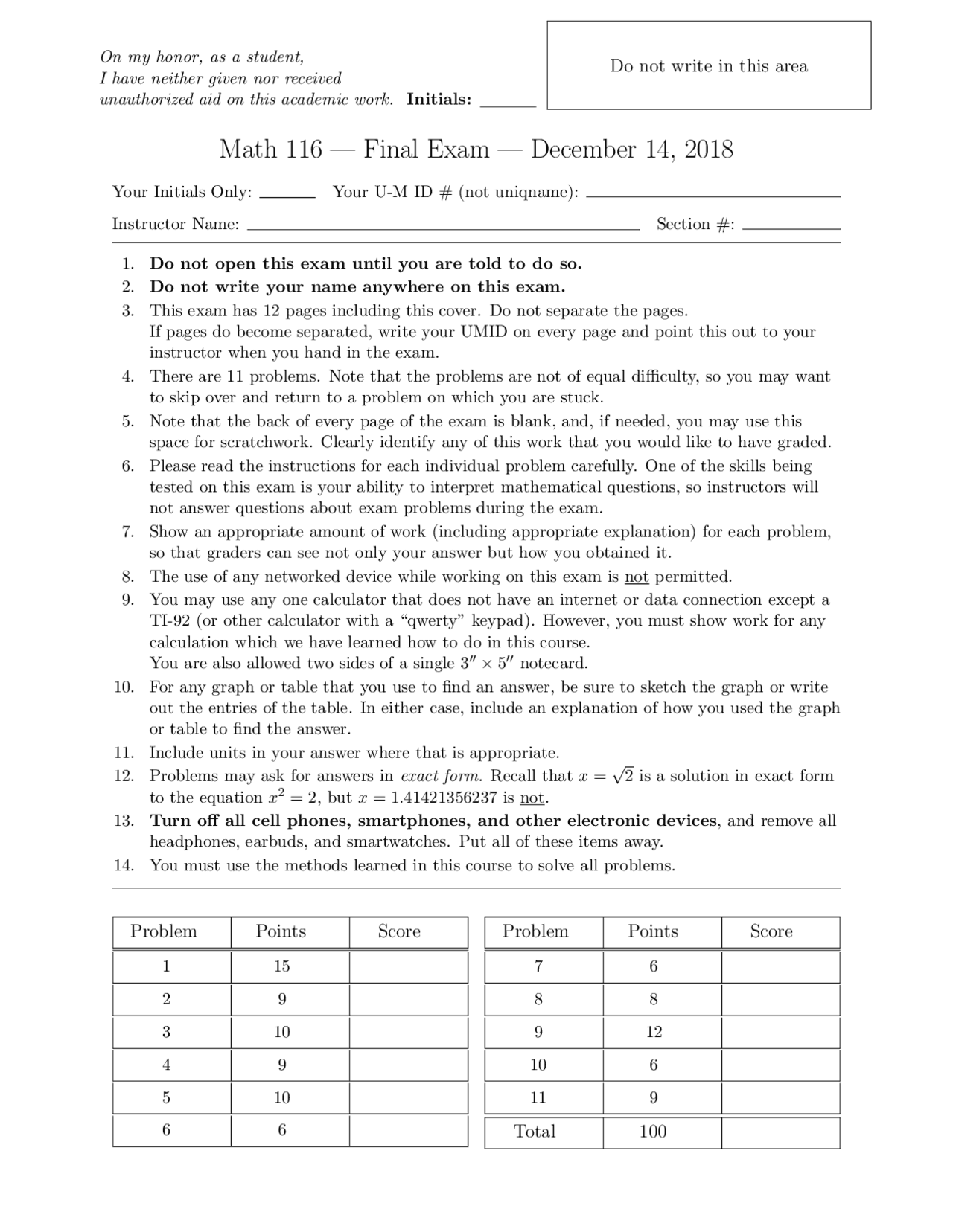 Math 116 — Final Exam — December 14, 2018 | Exams Differential ...