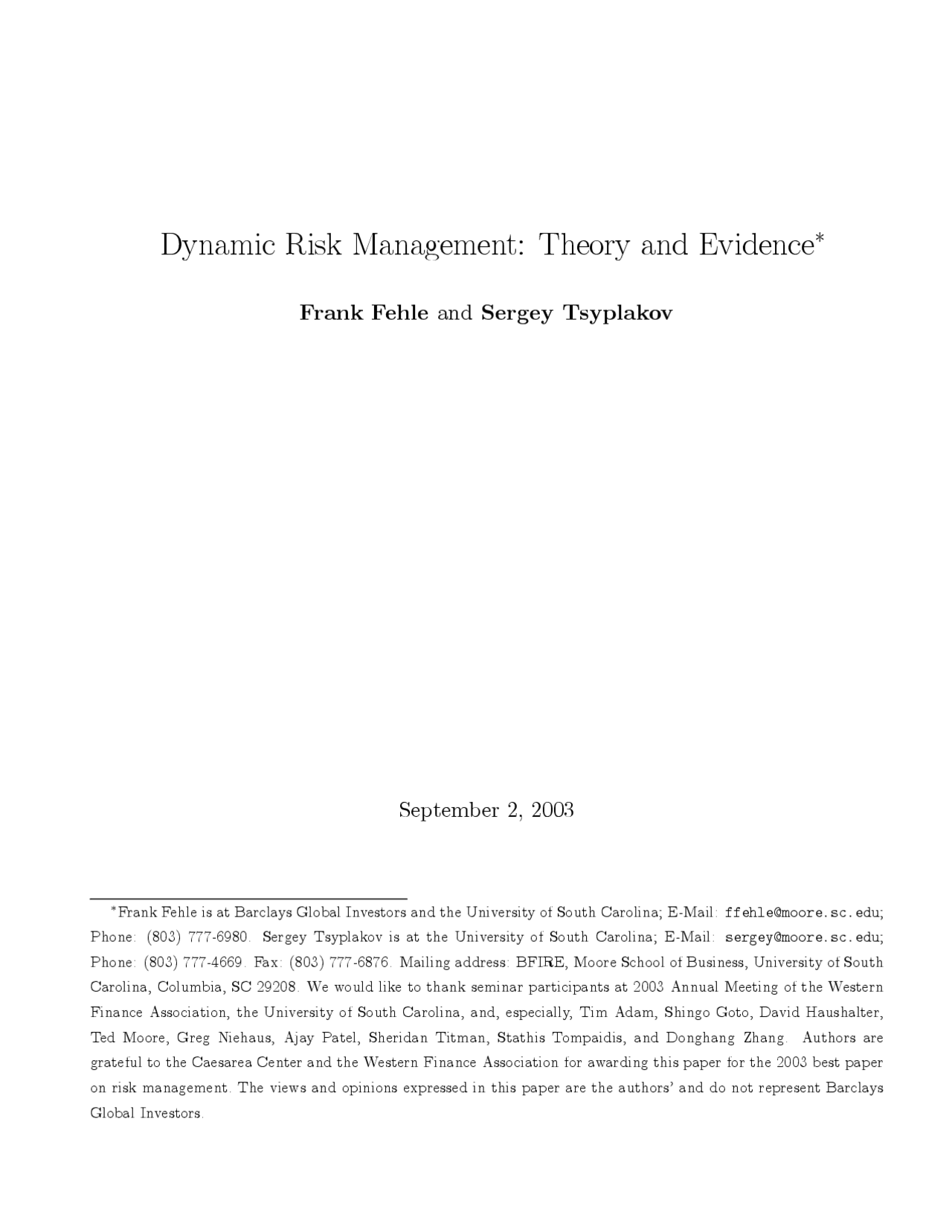 Dynamic Risk Management: Theory and Evidence* | Lecture notes Credit ...