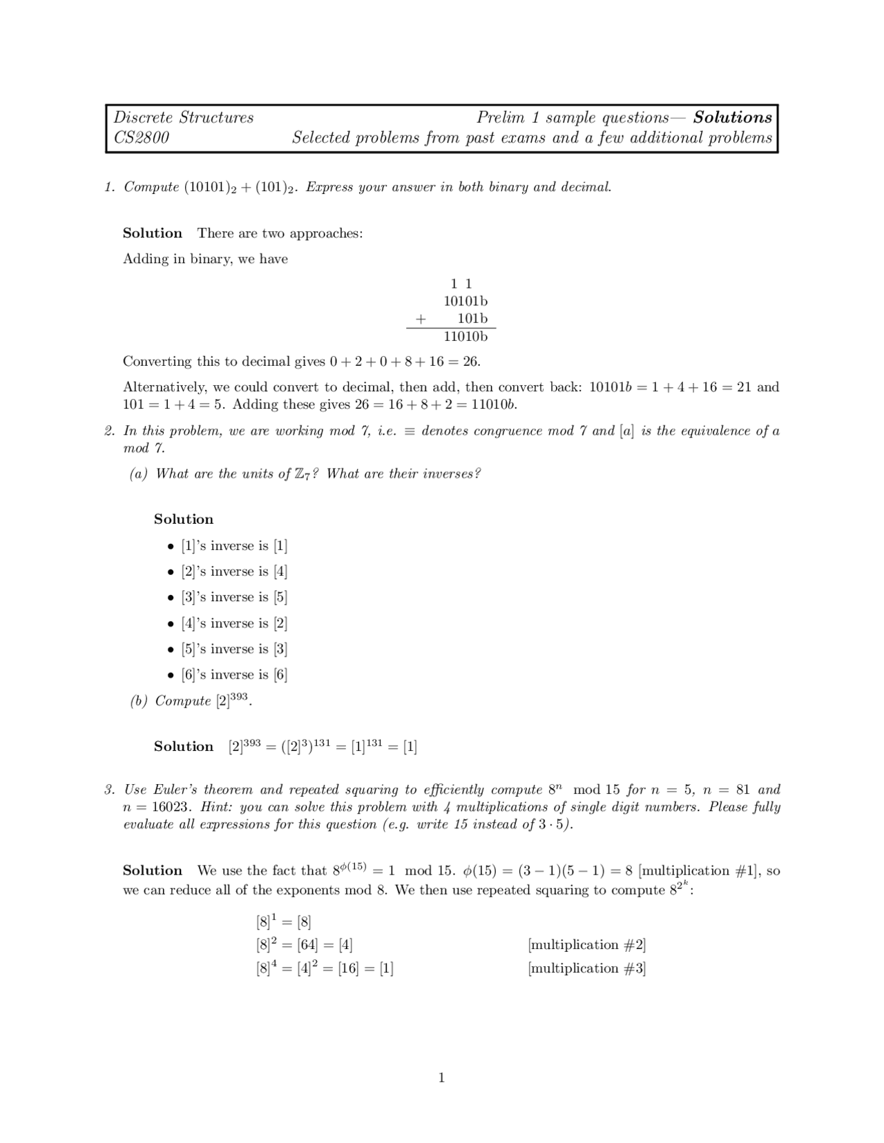 Discrete Structures Prelim 1 sample questions— Solutions | Study notes ...