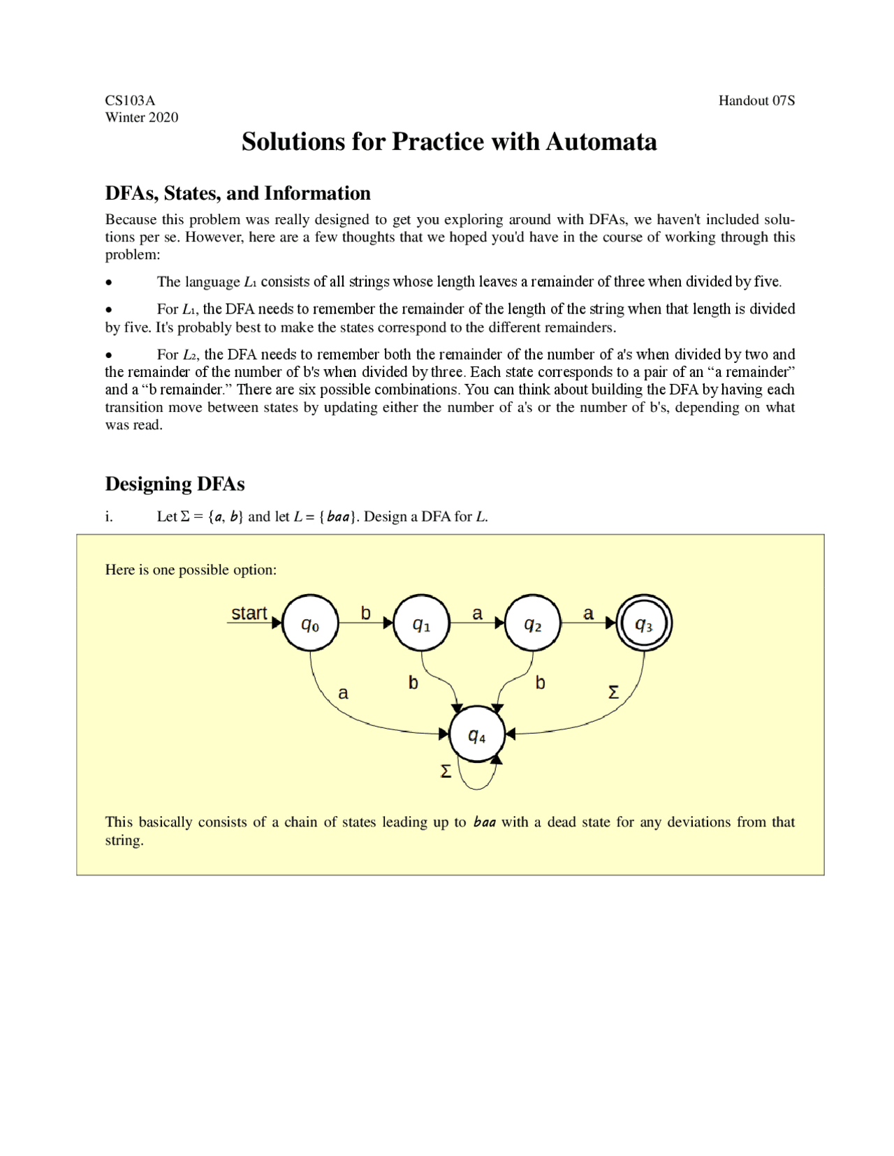 Solutions For Practice With Automata Lecture Notes Theory Of Computation Docsity