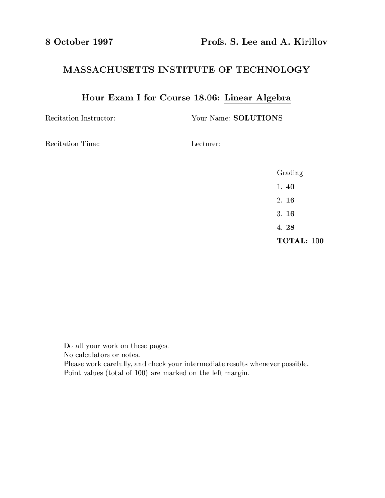 Linear Algebra Hour Exam I | Exams Linear Algebra | Docsity