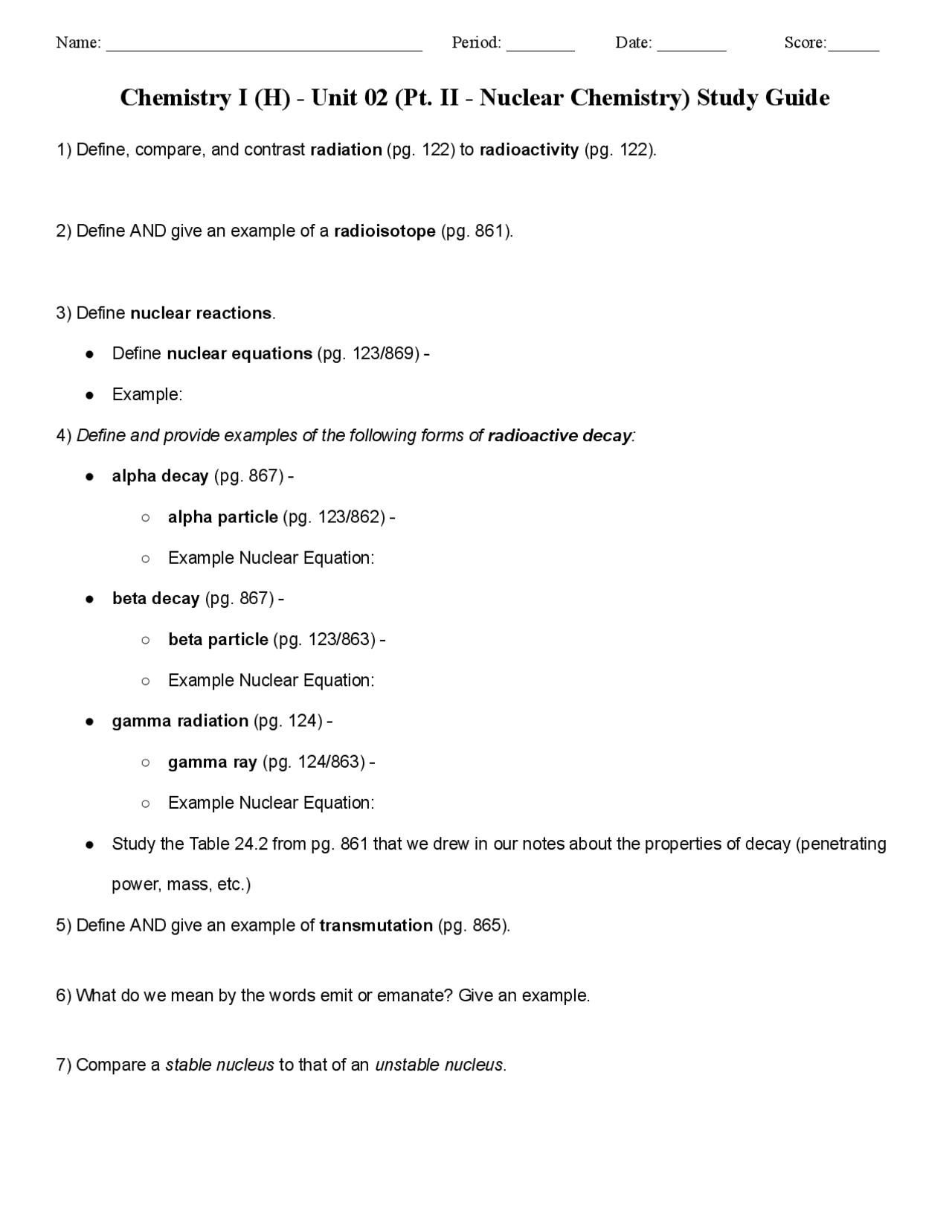 Chemistry I (H) - Unit 02 (Pt. II - Nuclear Chemistry) Study Guide ...