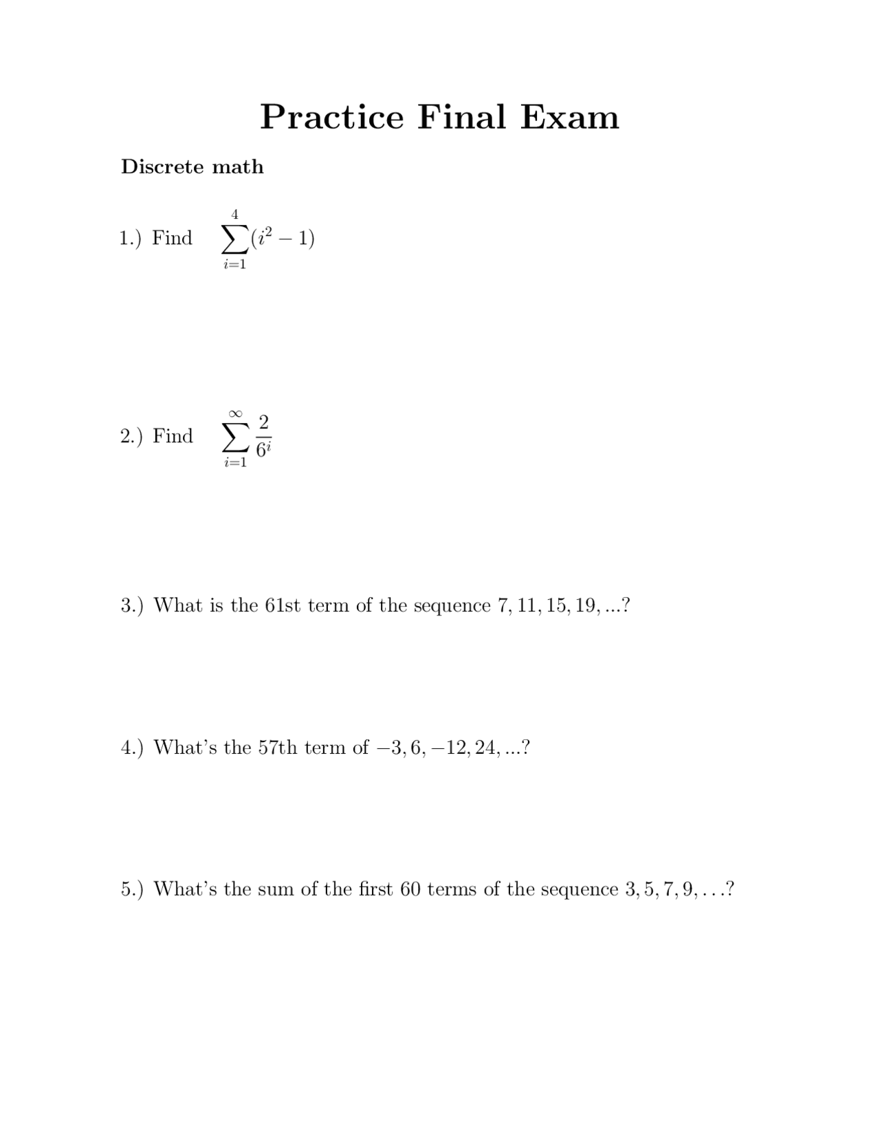 Practice Final Exam In Discrete Math Exams Discrete Mathematics Docsity 