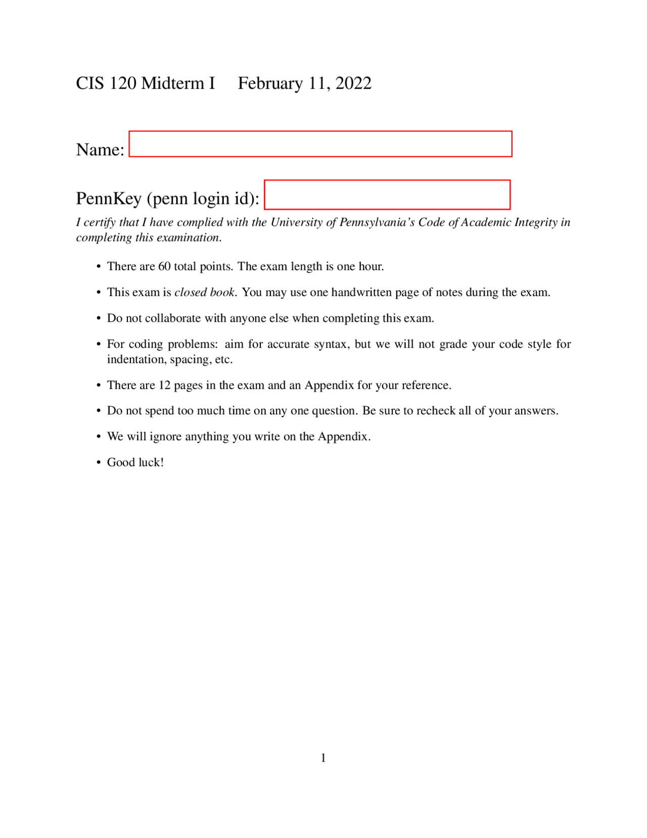 CIS 120 Midterm I February 11, 2022 | Exams Algorithms and Programming ...
