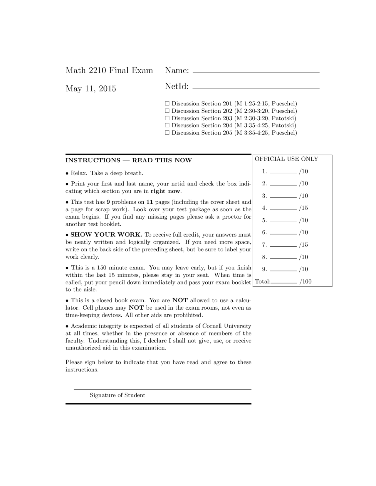 Math 2210 Final Exam May 11, 2015 Name: NetId: | Schemes and Mind Maps ...