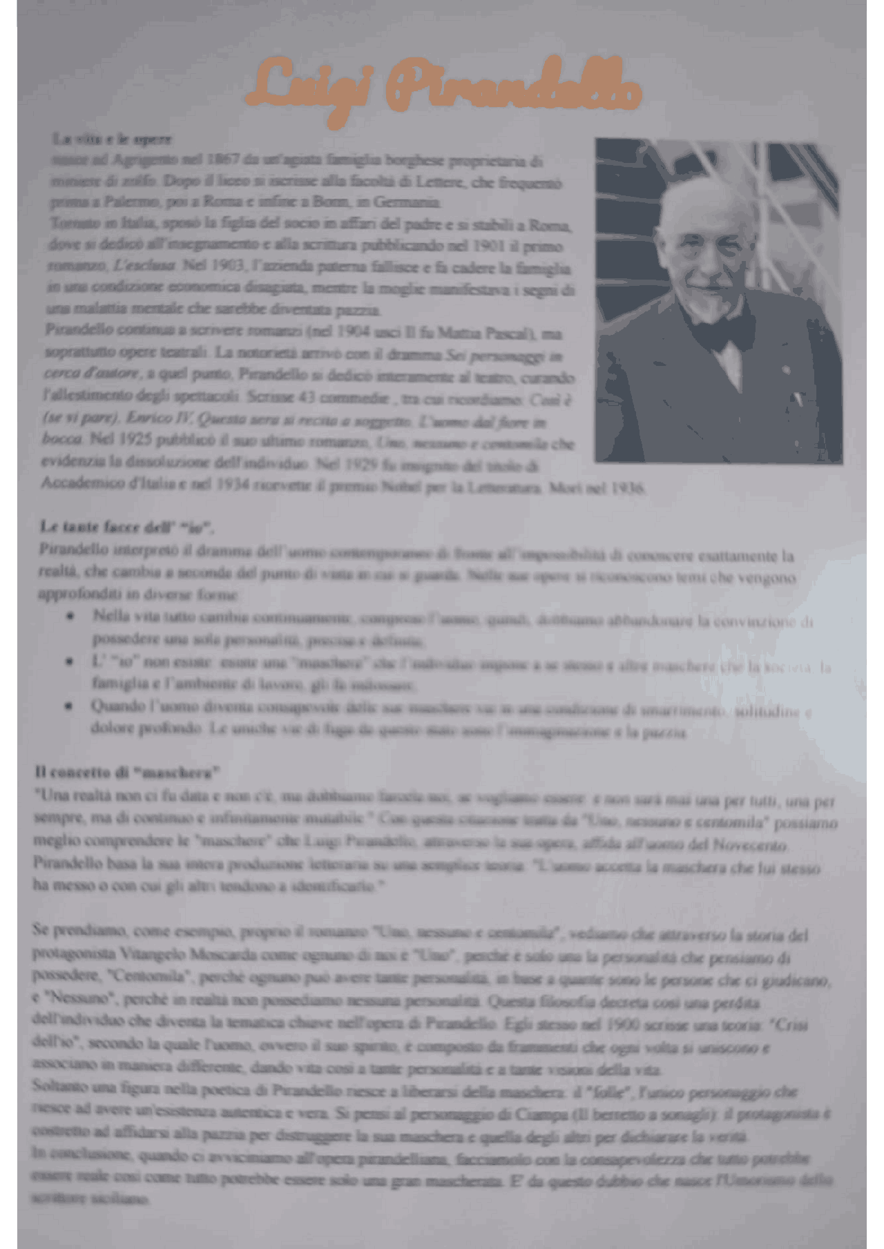 Luigi Pirandello vita opere e pensiero | Schemi e mappe concettuali di Italiano | Docsity
