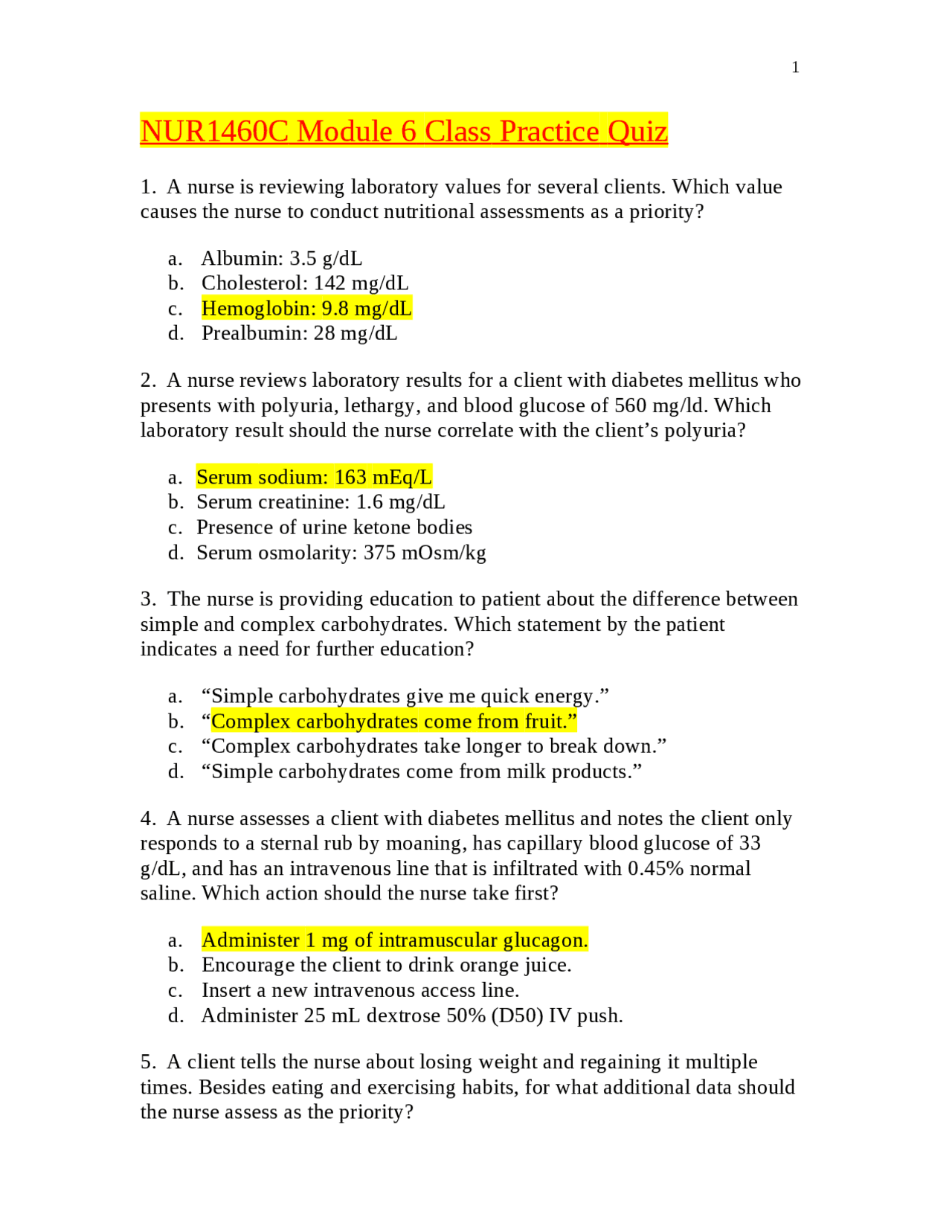 NUR1460C Module 6 Class Practice Quiz | Exams Nursing | Docsity