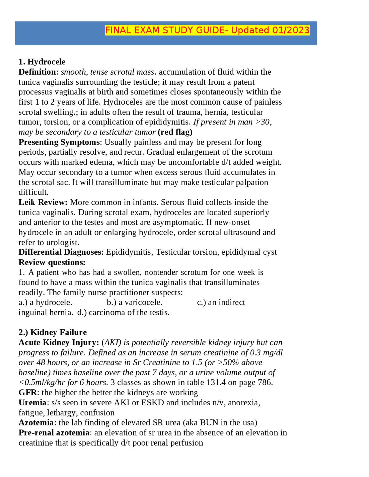 FINAL EXAM STUDY GUIDE- Updated 01/2023 | Exams Nursing | Docsity