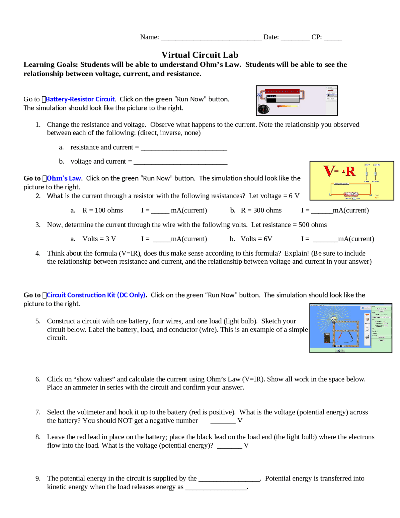 Virtual Circuit Lab: Exploring Ohm's Law and Circuit Principles ...