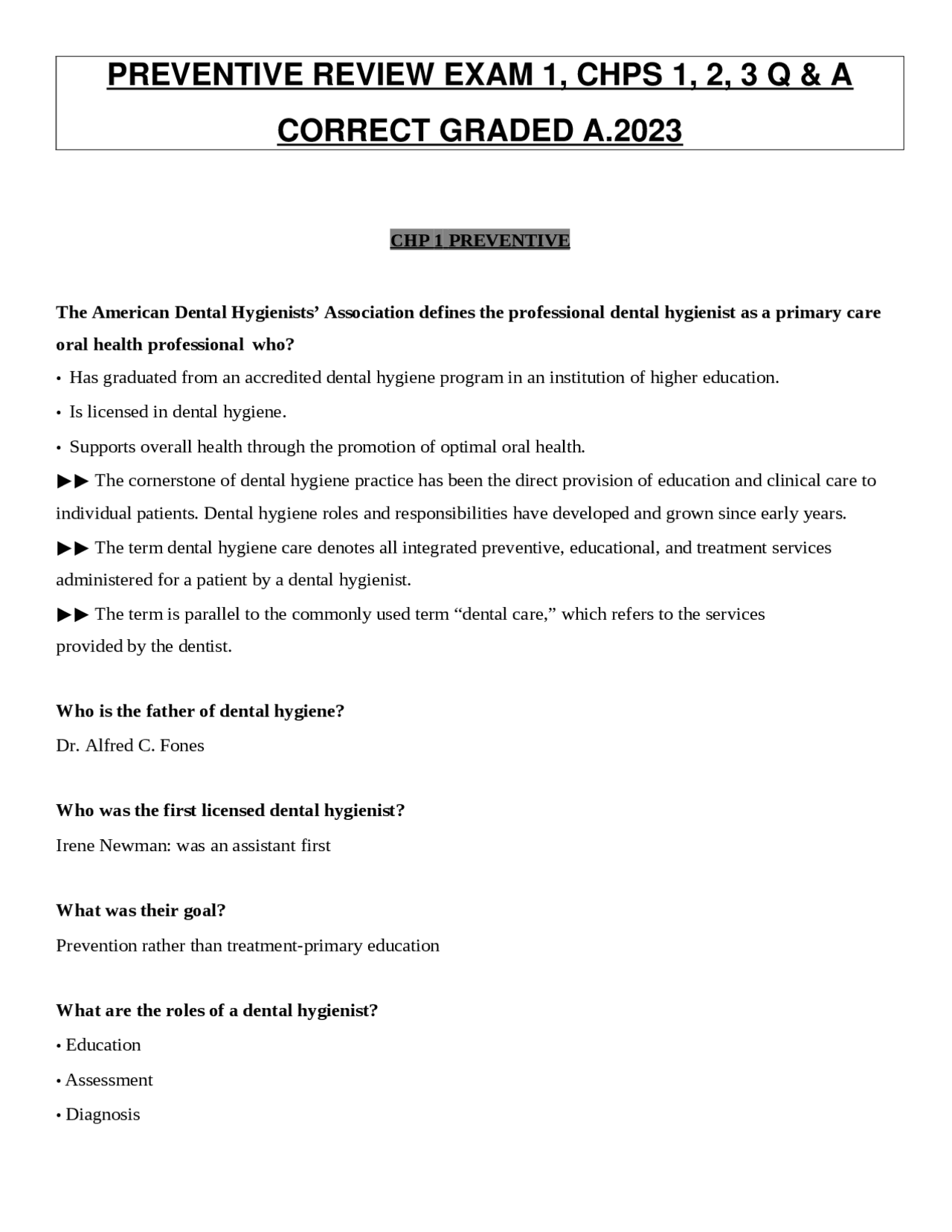 PREVENTIVE REVIEW EXAM 1, CHPS 1, 2, 3 Q & A CORRECT GRADED A.2023 ...