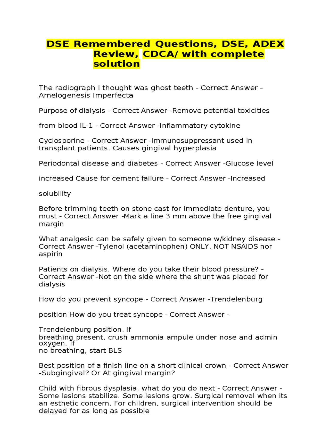 DSE Remembered Questions, DSE, ADEX Review, CDCA/ with complete solution Updated | Exams Nursing ...