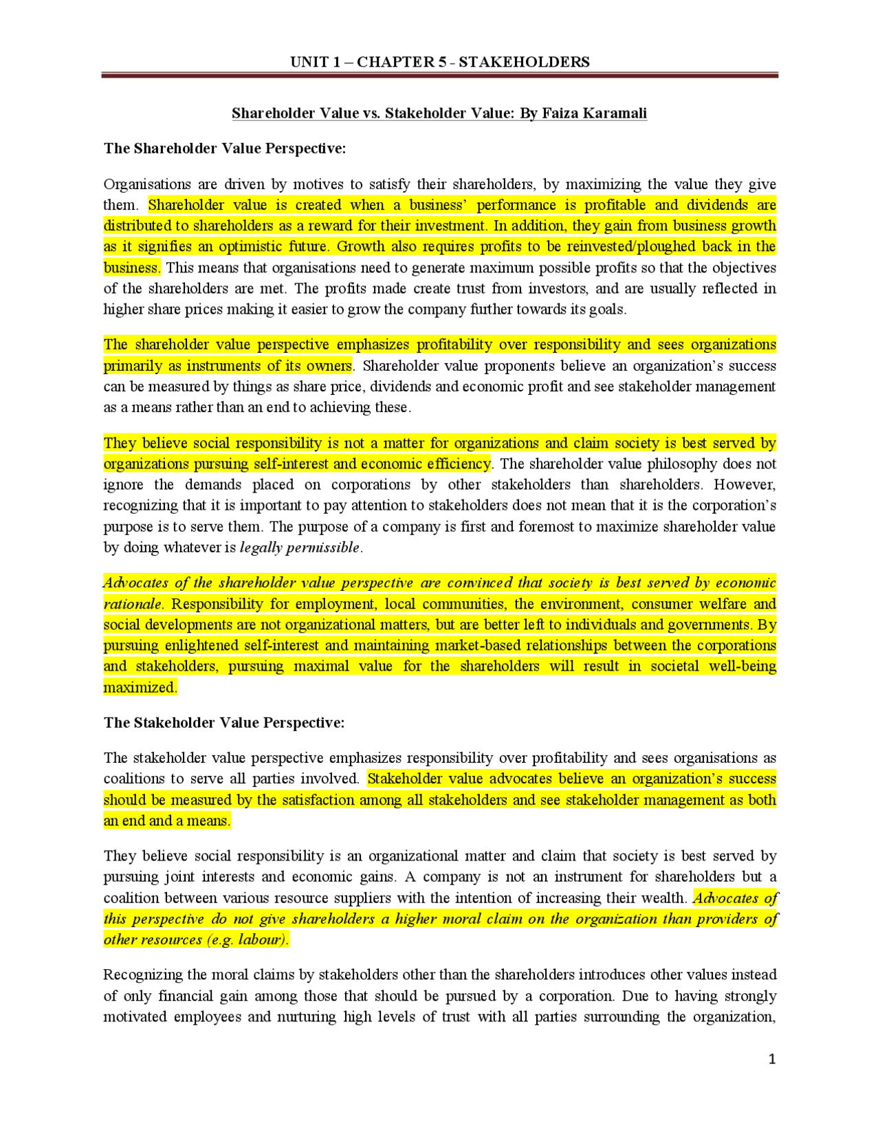 Shareholder Value vs. Stakeholder Value | Thesis Law | Docsity