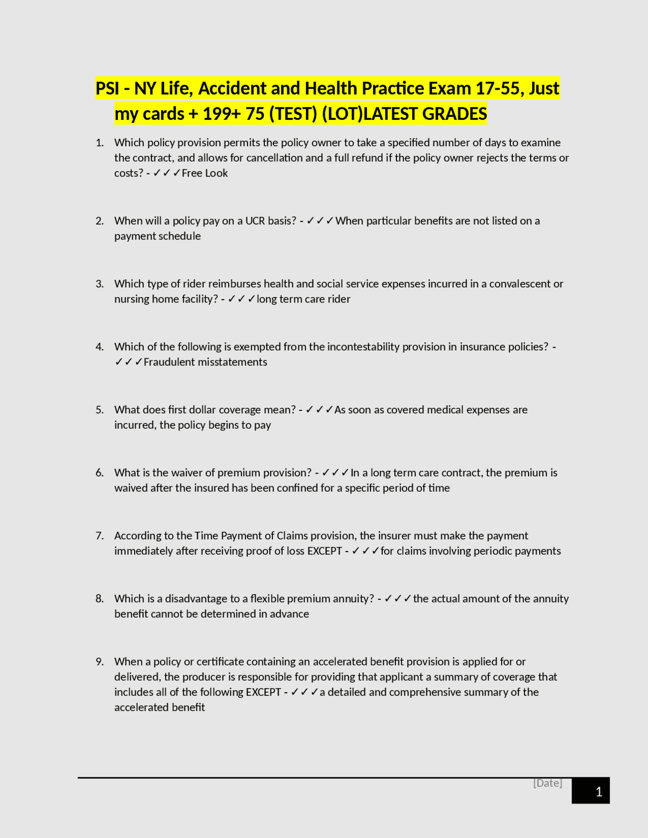 PSI - NY Life, Accident and Health Practice Exam 17-55, Just my cards ...