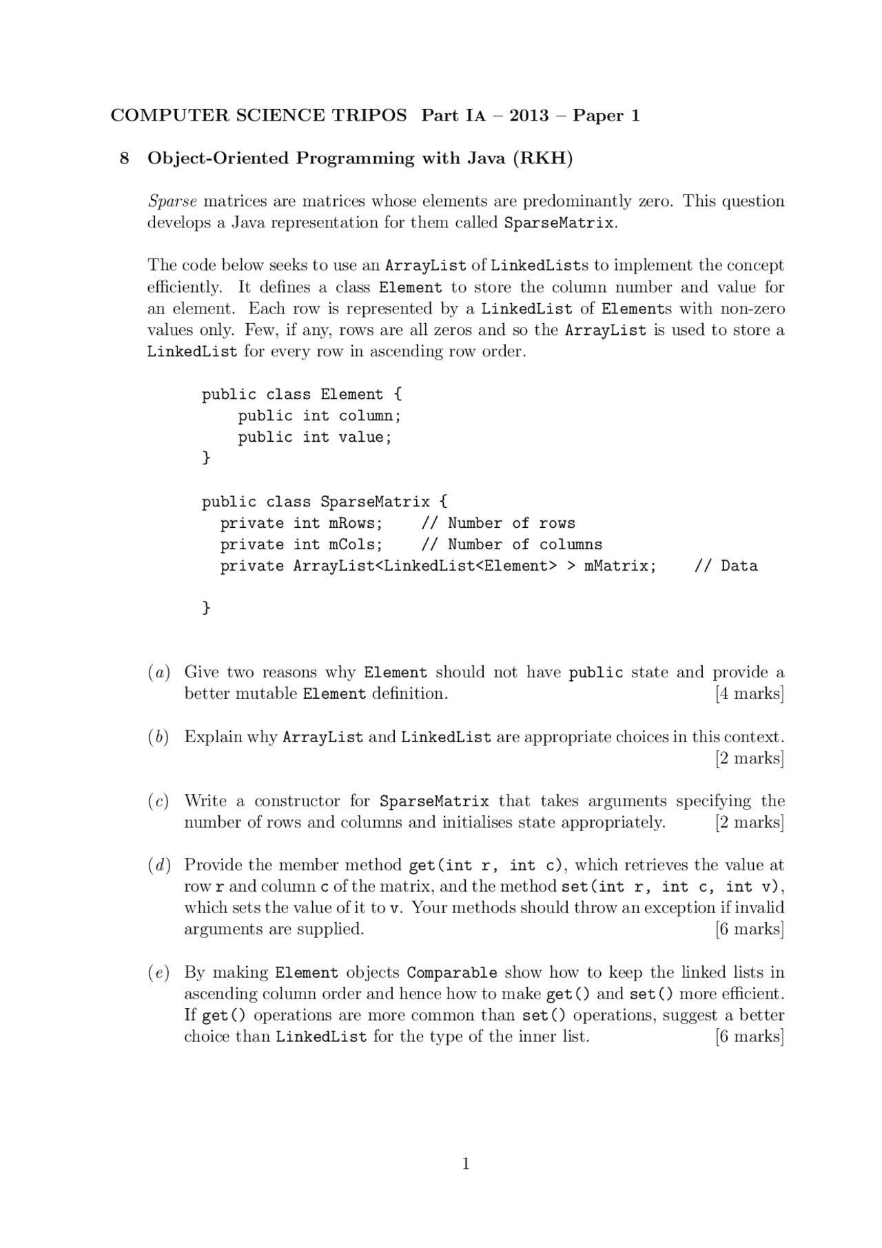 Sparse Matrix Representation in Java | Cheat Sheet Computer science | Docsity