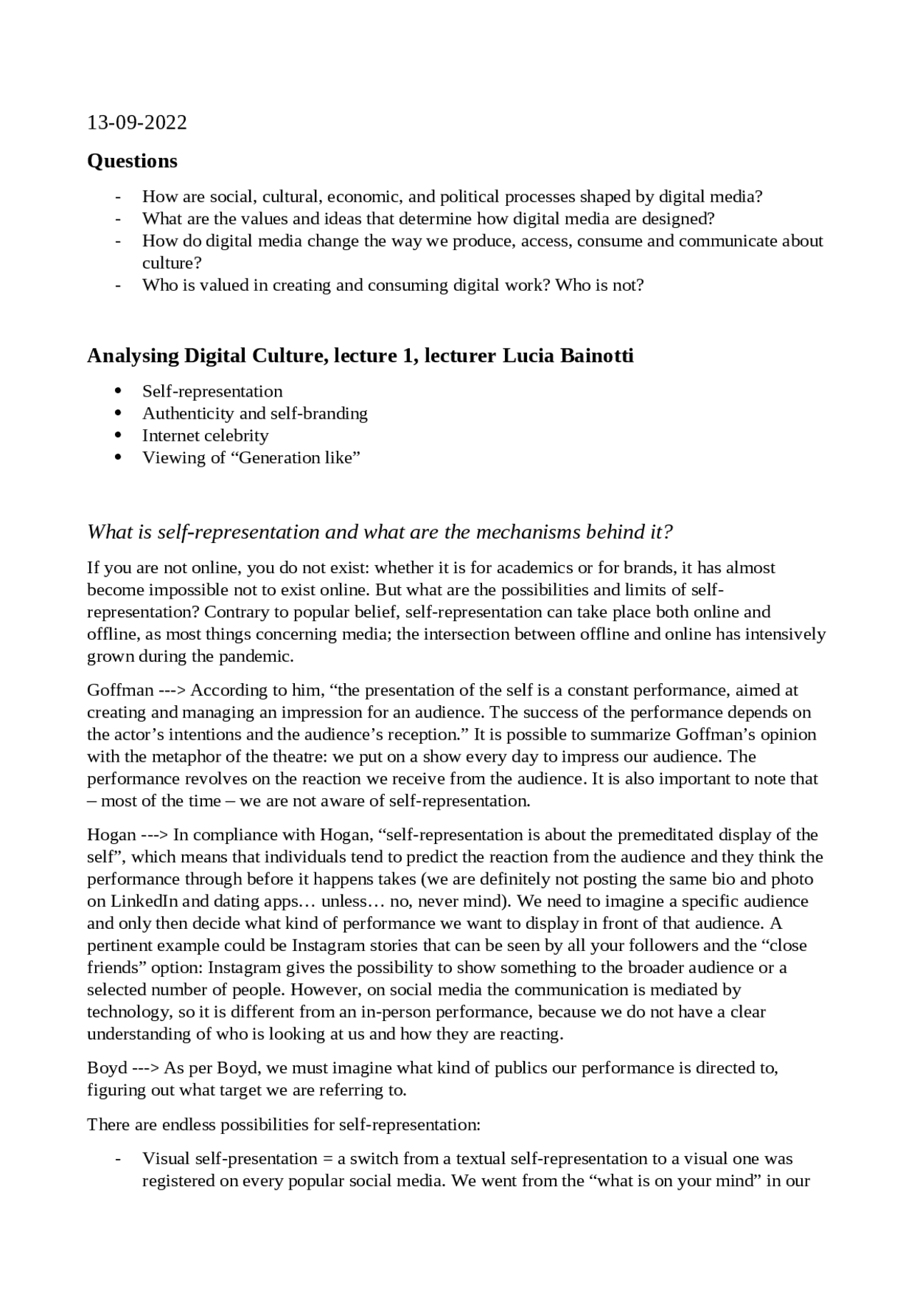 Analyzing Digital Culture: Self-Representation, Authenticity, and ...