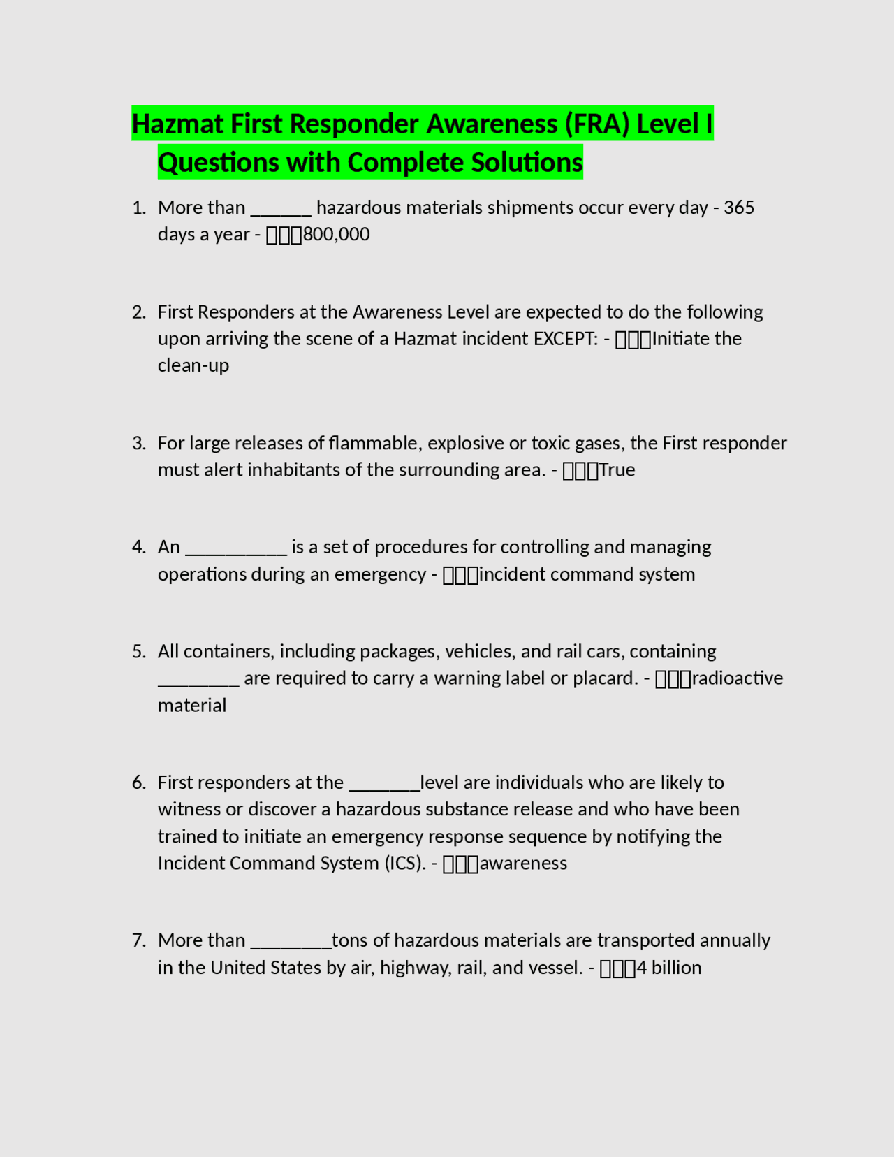 Hazmat First Responder Awareness (FRA) Level I Questions with Complete Solutions | Exams ...