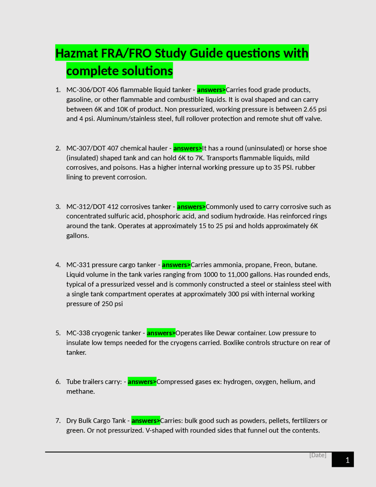 Hazmat FRA/FRO Study Guide questions with complete solutions | Exams Study of Commodities | Docsity