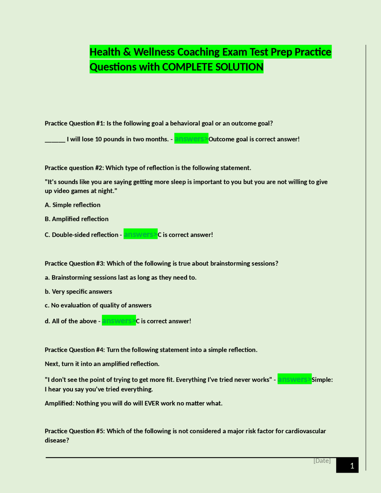 Health & Wellness Coaching Exam Test Prep Practice Questions with ...