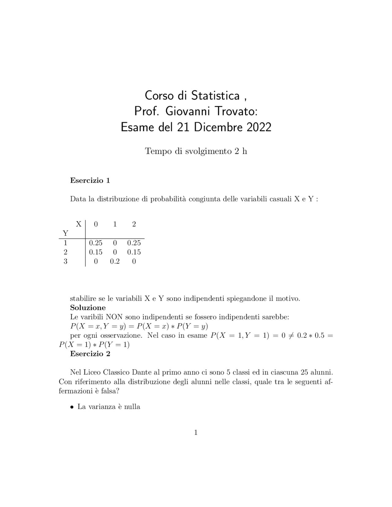 Risposte prova di esame dicembre 2022 Statistica | Prove d'esame di Statistica | Docsity