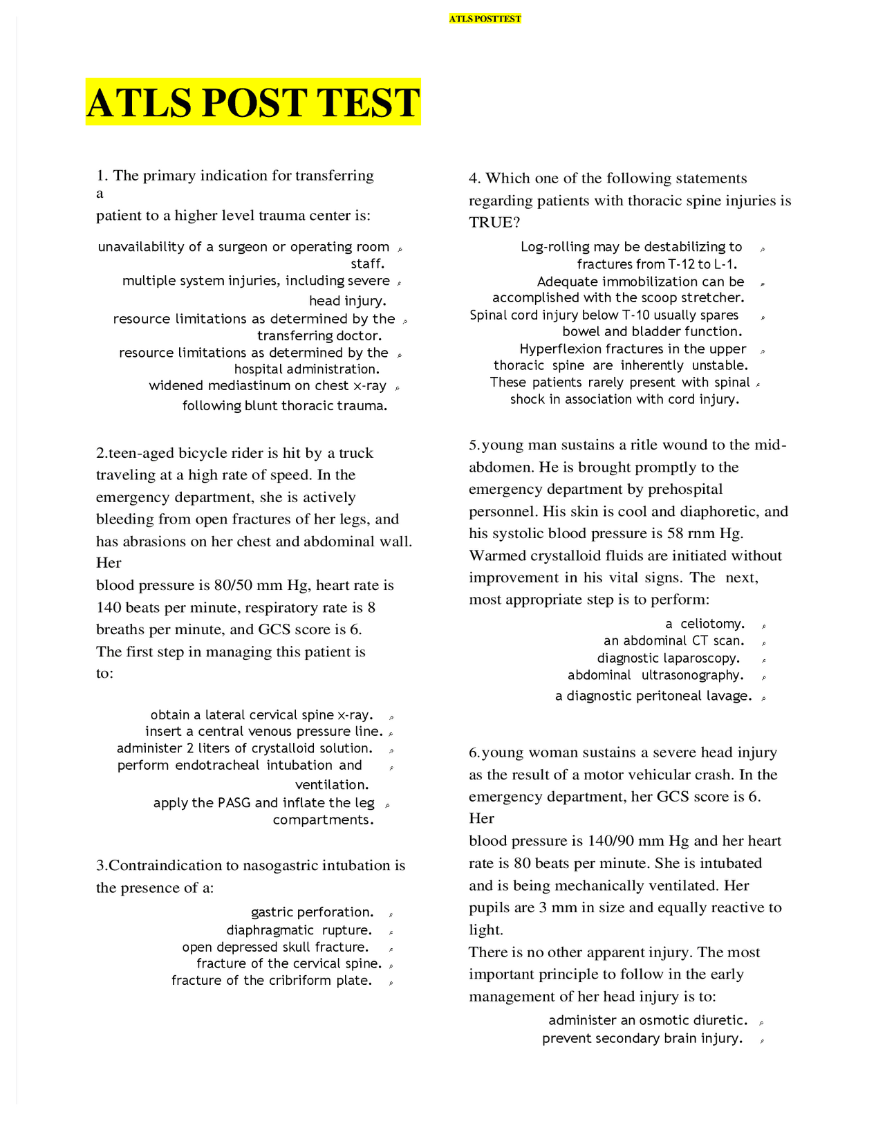 ATLS Post Test 2023 QUESTIONS AND ANSWERS | Exams Nursing | Docsity