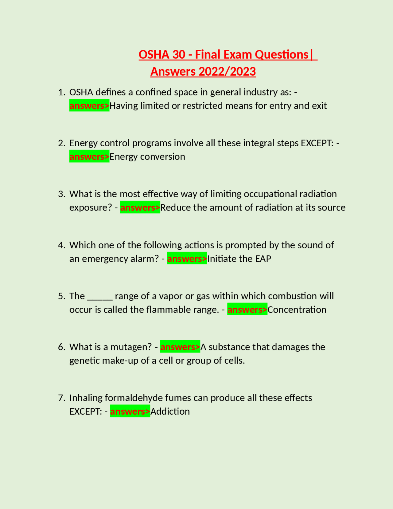 OSHA 30 - Final Exam Questions| Answers 2022/2023 | Exams Human ...