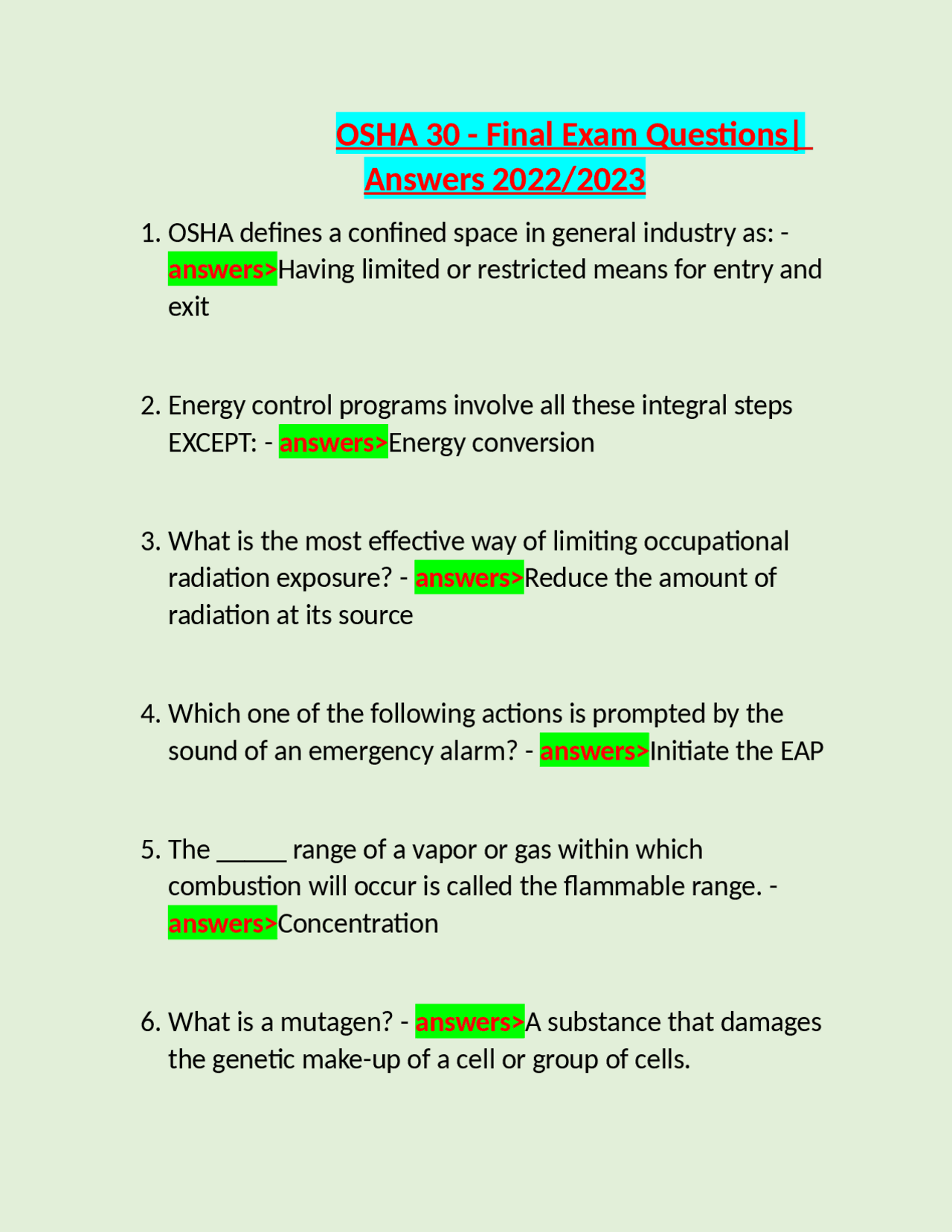 OSHA 30 - Final Exam Questions| Answers 2022/2023 | Exams Human ...