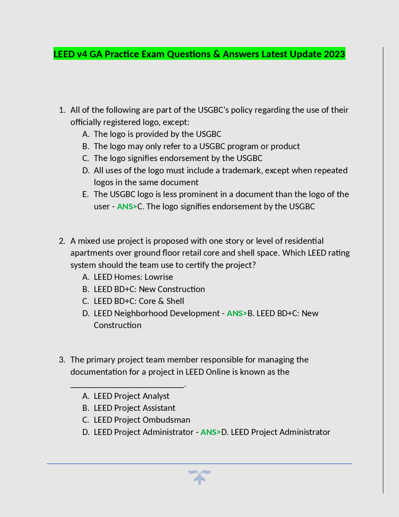 LEED v4 GA Practice Exam Questions & Answers Latest Update 2023 | Exams ...
