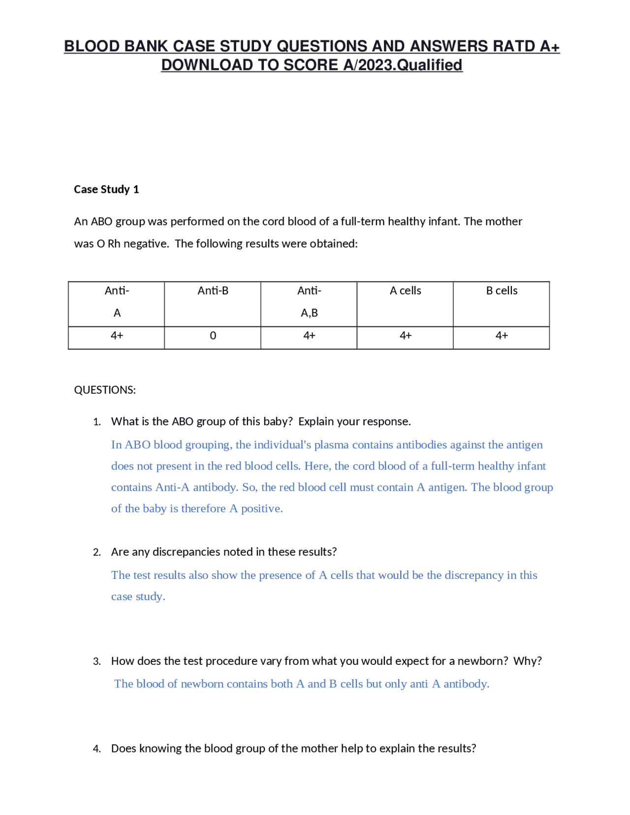 BLOOD BANK CASE STUDY QUESTIONS AND ANSWERS RATD A+ DOWNLOAD TO SCORE A ...