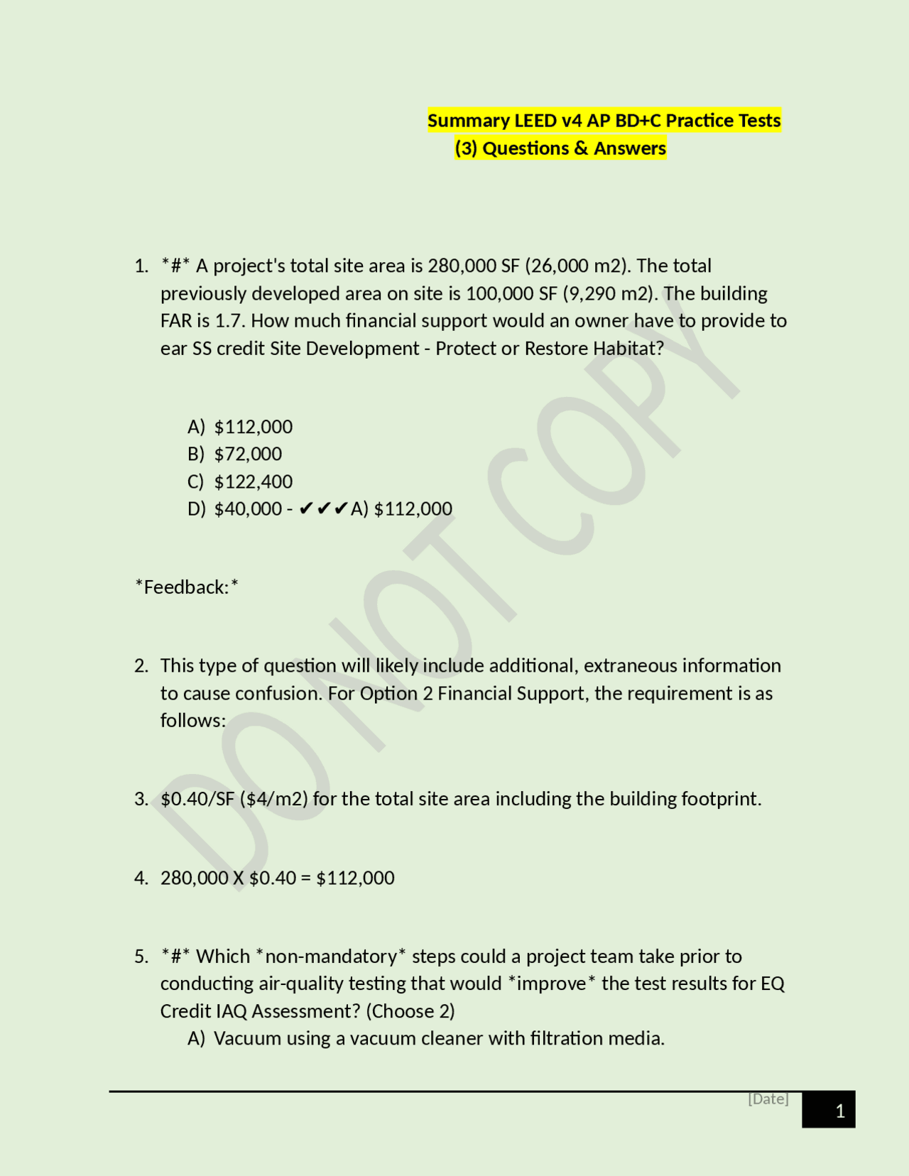 Summary LEED v4 AP BD+C Practice Tests (3) Questions & Answers | Exams ...
