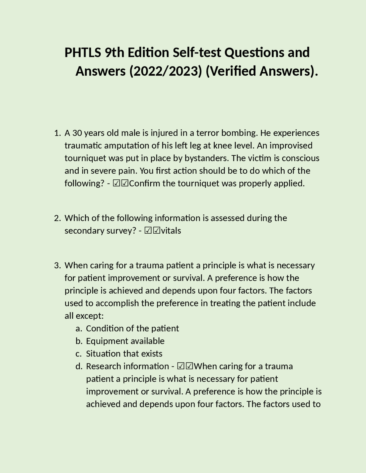 PHTLS 9th Edition Self-test Questions and Answers (2022/2023) (Verified ...