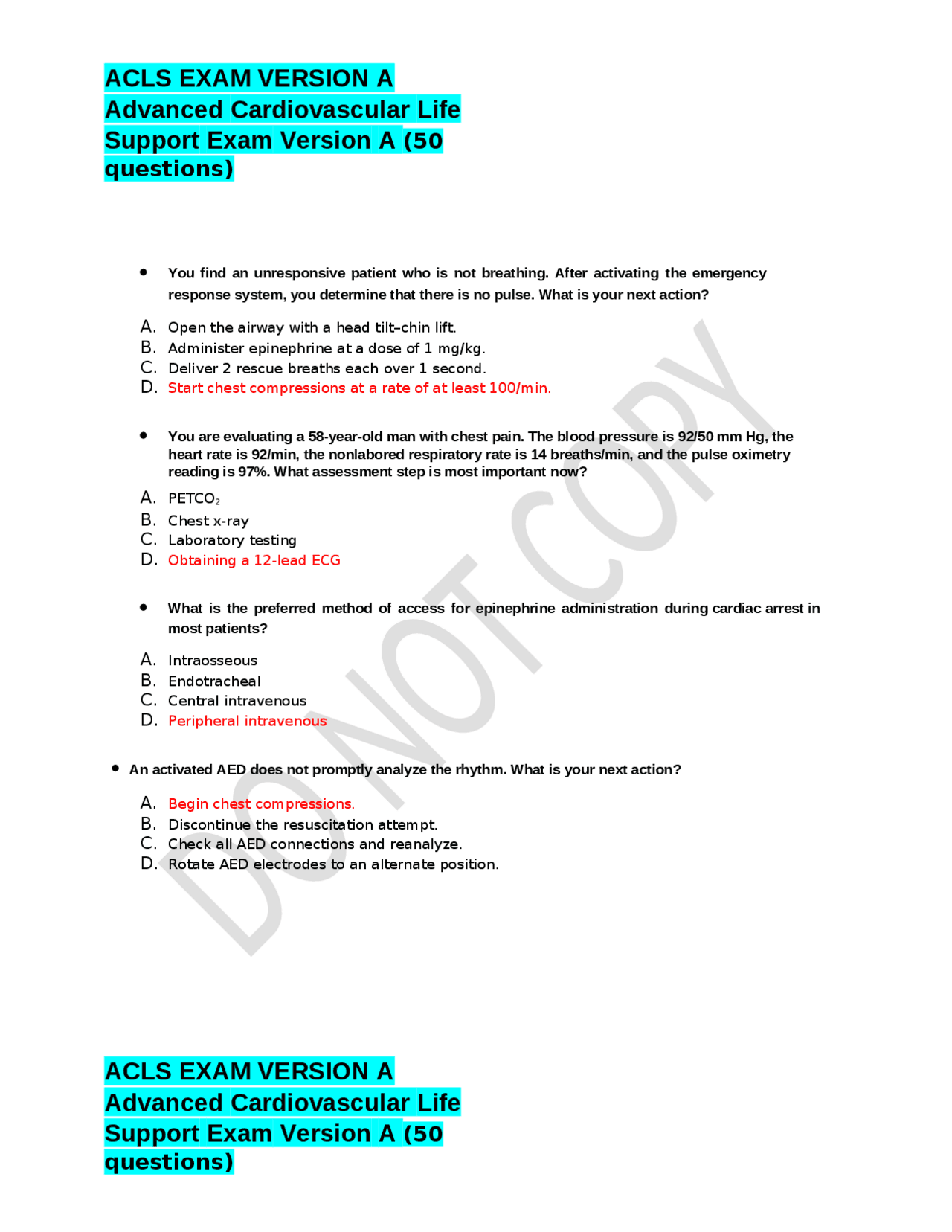 ACLS EXAM VERSION A Advanced Cardiovascular Life Support Exam Version A ...