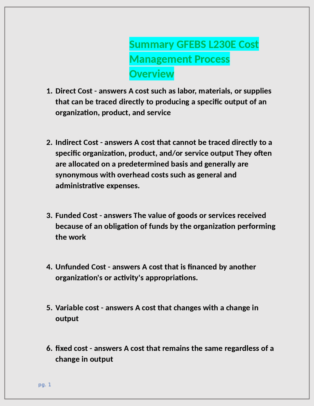 Summary GFEBS L230E Cost Management Process Overview | Exams Cost ...