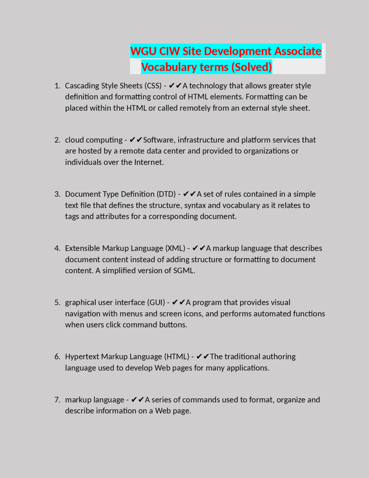 WGU CIW Site Development Associate Vocabulary terms (Solved) | Exams Web Design and Development ...