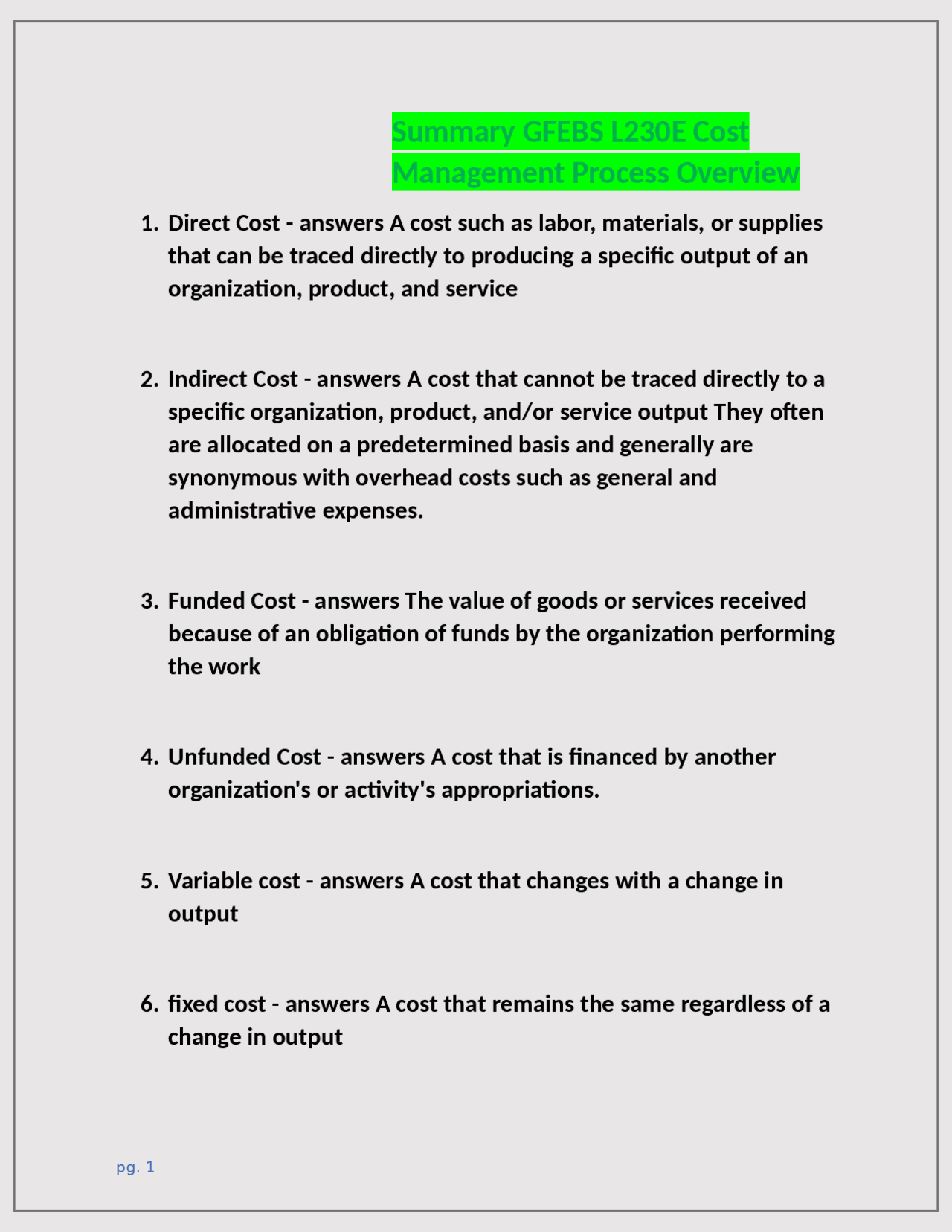 Summary GFEBS L230E Cost Management Process Overview | Exams Cost ...