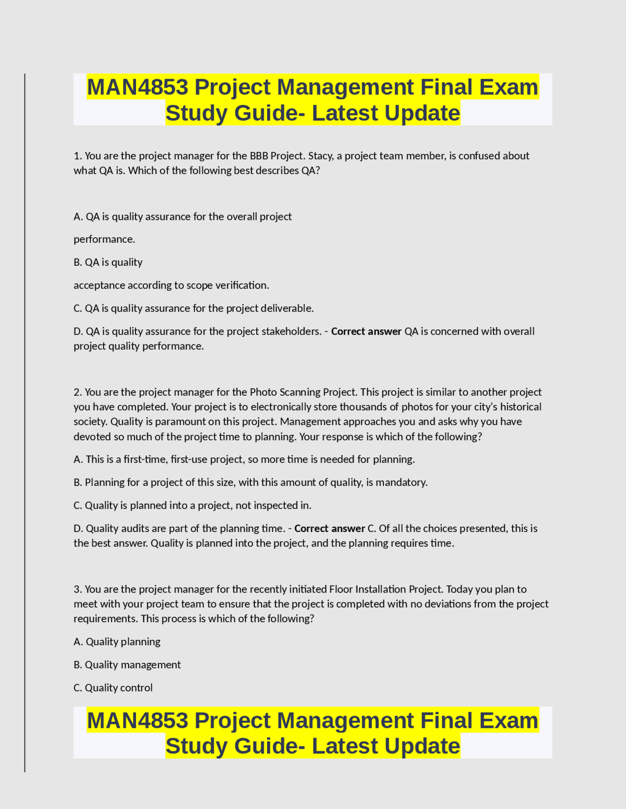 MAN4853 Project Management Final Exam Study Guide- Latest Update ...