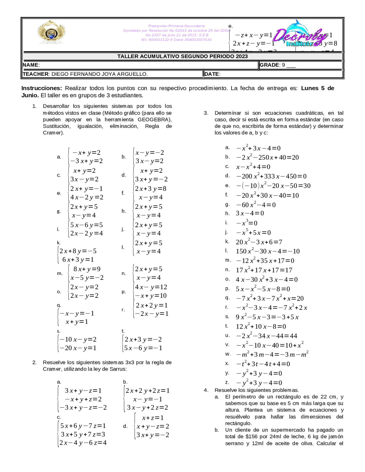 Sistemas de ecuaciones lineales y ecuaciones cuadráticas - Prof. Diego ...