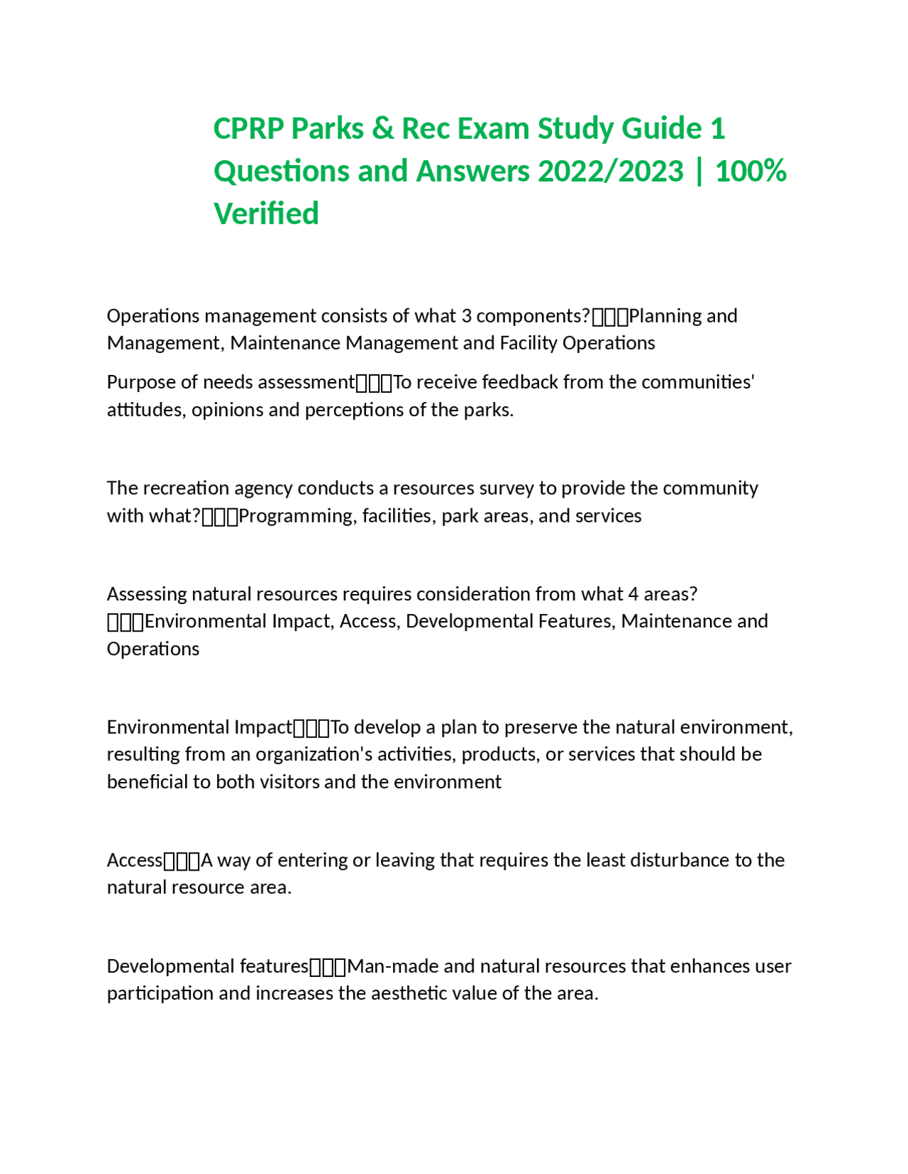 CPRP Parks & Rec Exam Study Guide 1 Questions and Answers 2022/2023 | 100% Verified | Exams ...
