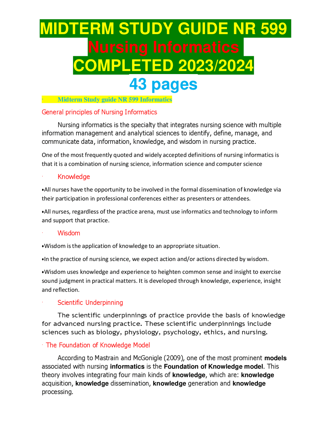 MIDTERM STUDY GUIDE NR 599 Nursing Informatics COMPLETED 2023/2024 WITH 43 PAGES | Exams Nursing ...