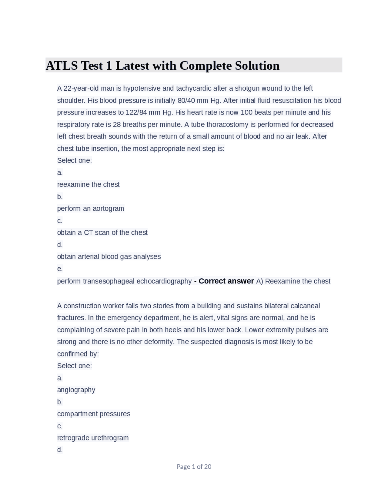 ATLS Test 1 Latest With Complete Solution | Exams Construction | Docsity