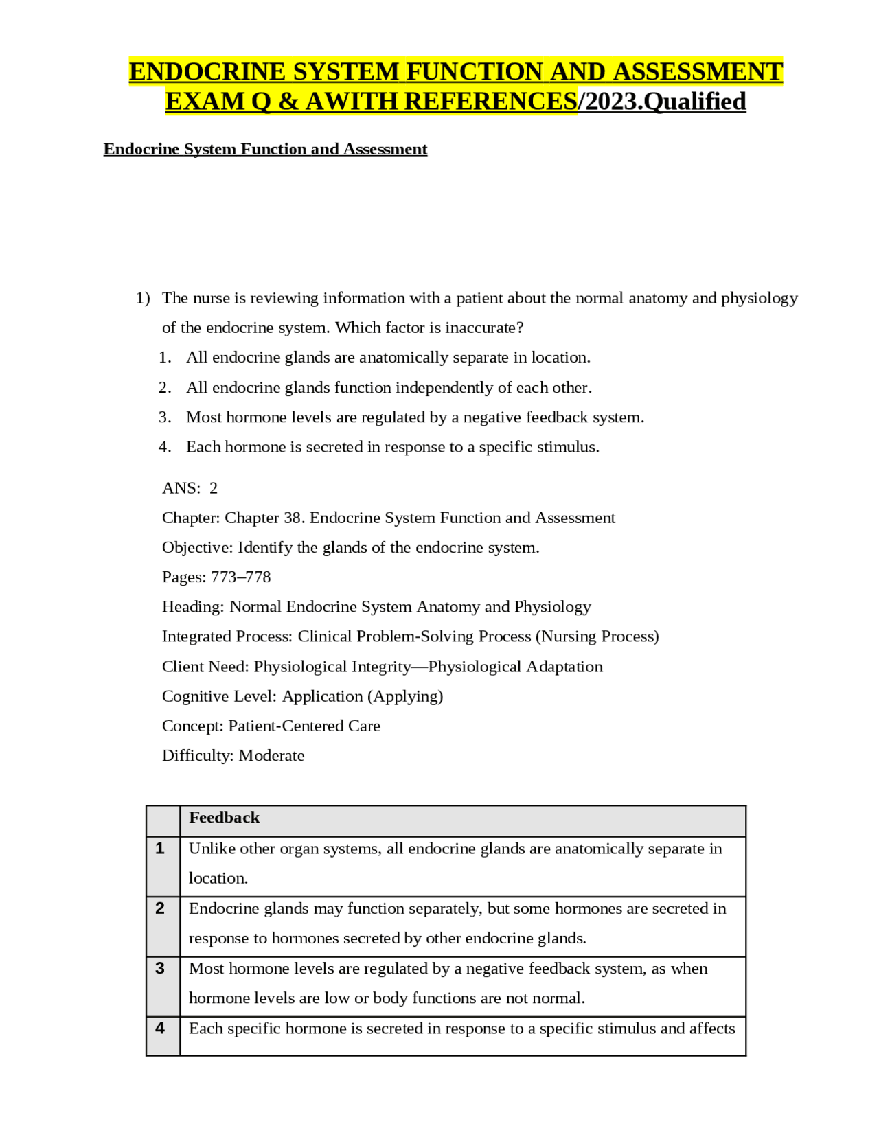 ENDOCRINE SYSTEM FUNCTION AND ASSESSMENT EXAM Q & AWITH REFERENCES/2023 ...