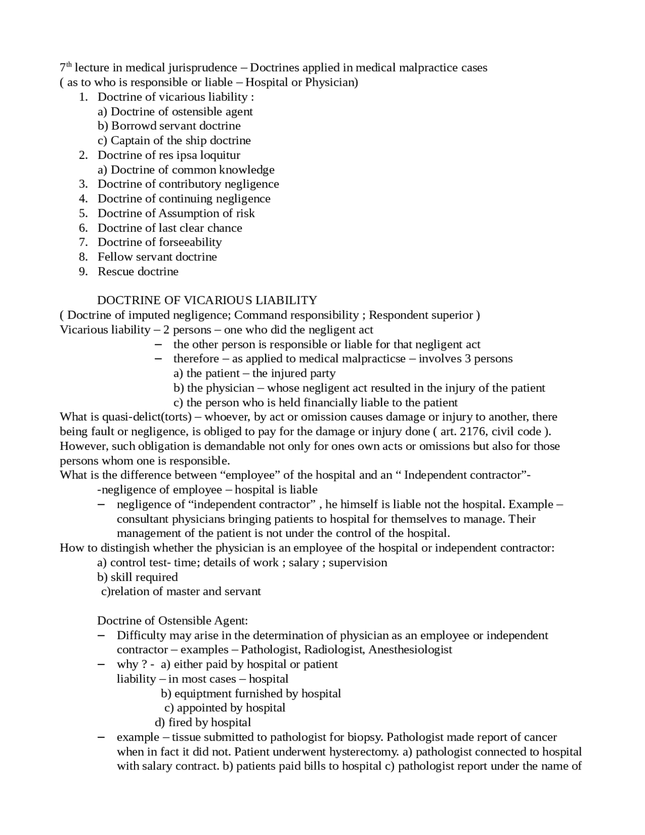 Doctrines Applied in Medical Malpractice Cases | Summaries Medical statistics | Docsity