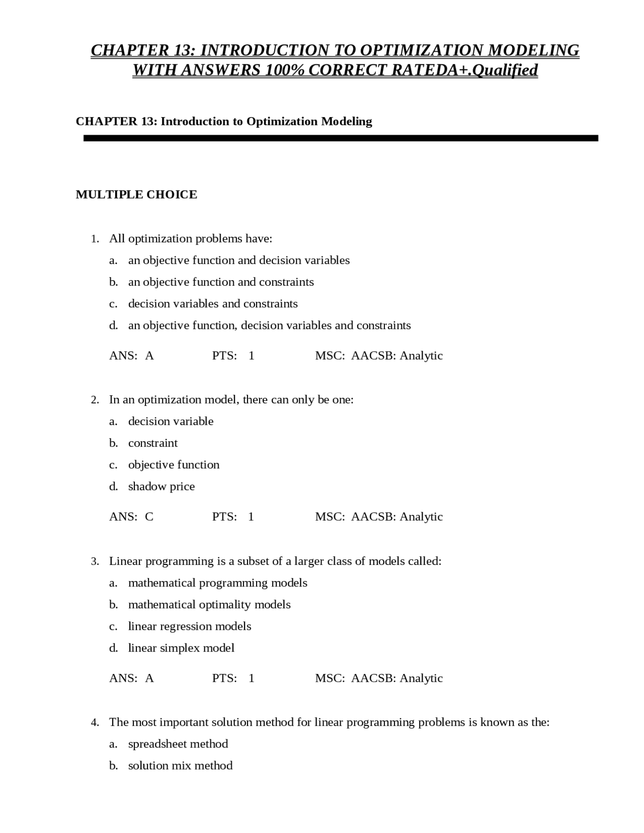 CHAPTER 13: INTRODUCTION TO OPTIMIZATION MODELING WITH ANSWERS 100% CORRECT RATEDA+.Qualif ...