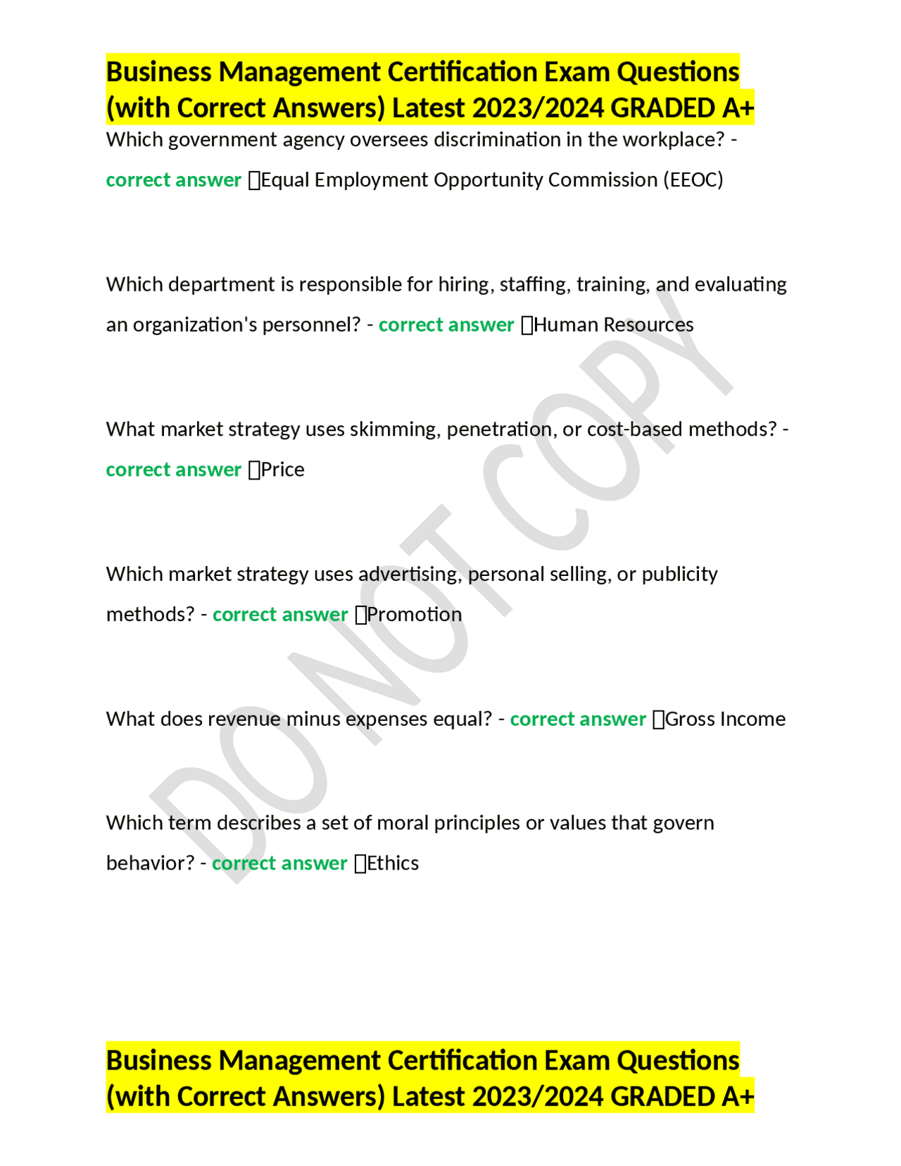 Business Management Certification Exam Questions (with Correct Answers ...