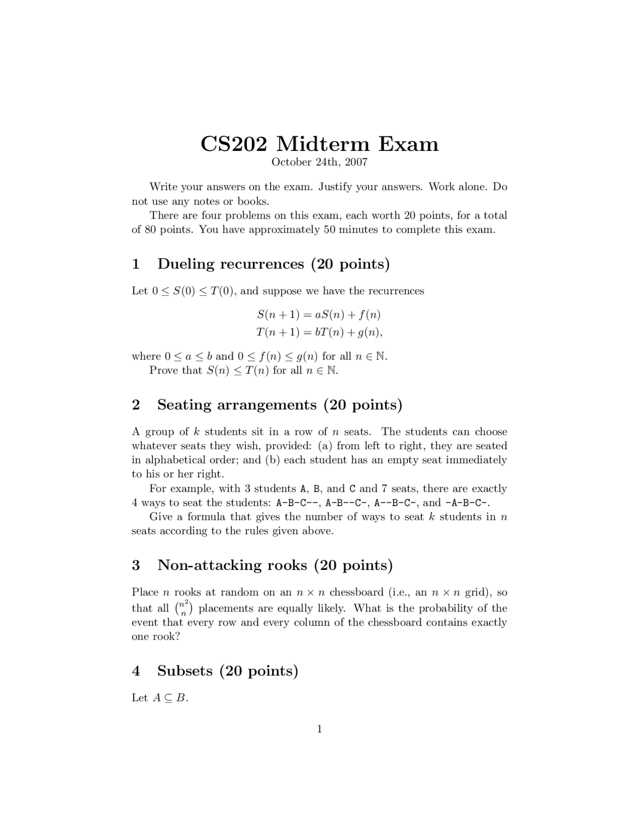 CS202 Midterm Exam: Dueling Recurrences, Seating Arrangements, and Subsets | Summaries Computer ...