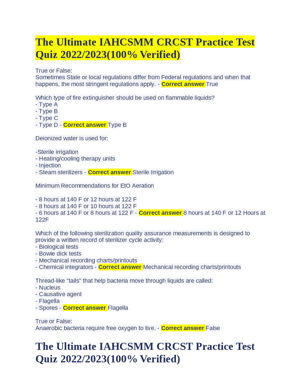 The Ultimate IAHCSMM CRCST Practice Test Quiz 2022/2023(100% Verified ...