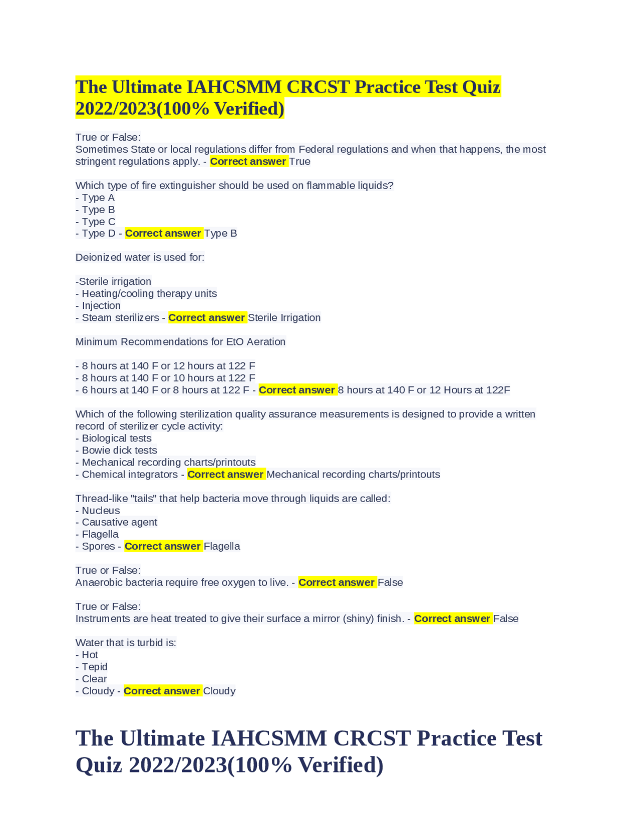 The Ultimate IAHCSMM CRCST Practice Test Quiz 2022/2023(100% Verified ...