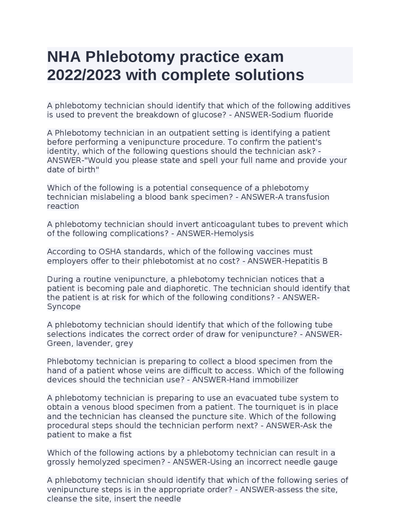 NHA Phlebotomy practice exam2022/2023 with complete solutions | Exams ...