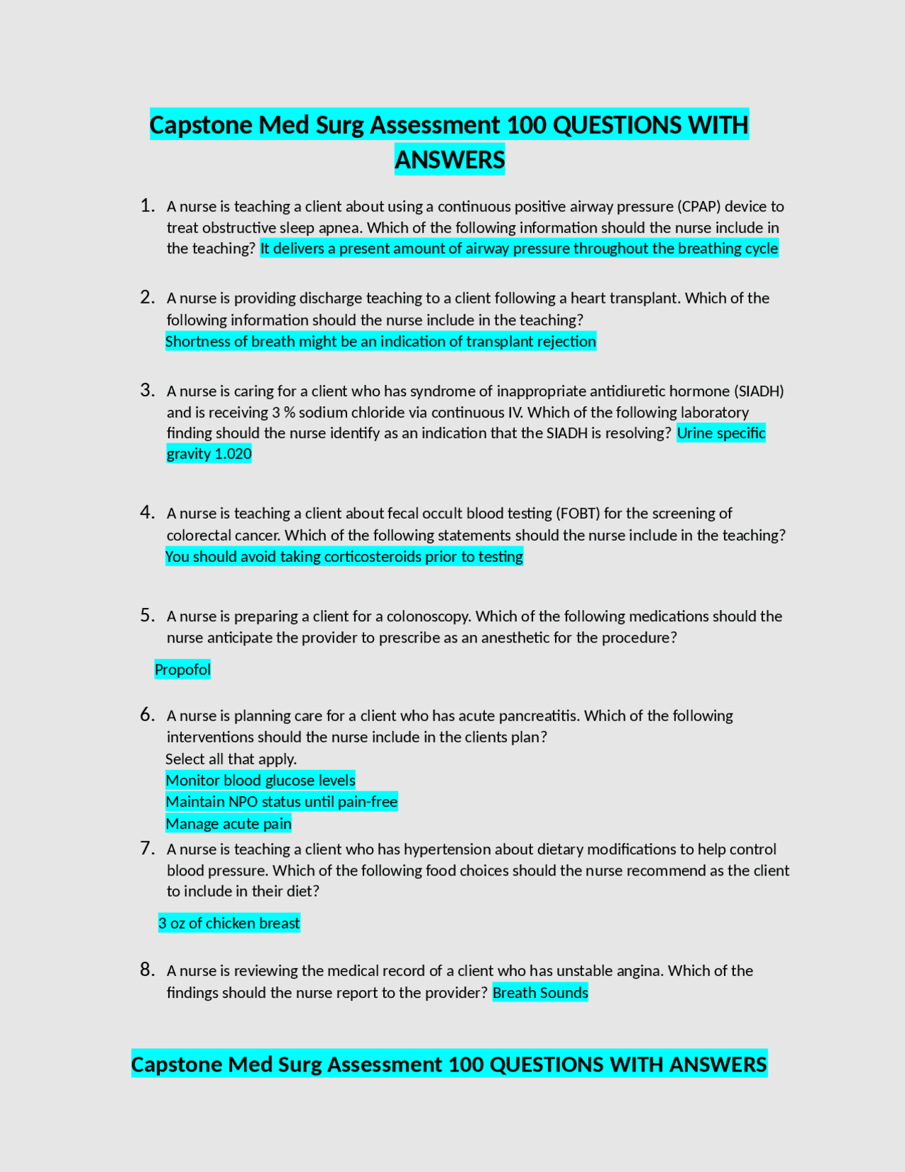 Capstone Med Surg Assessment 100 QUESTIONS WITH ANSWERS | Exams ...