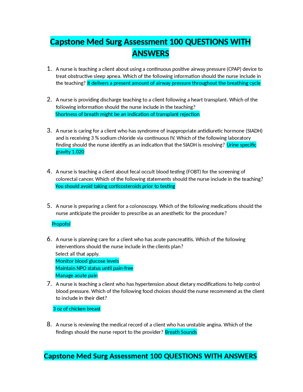 Capstone Med Surg Assessment 100 QUESTIONS WITH ANSWERS | Exams Capstone Design | Docsity