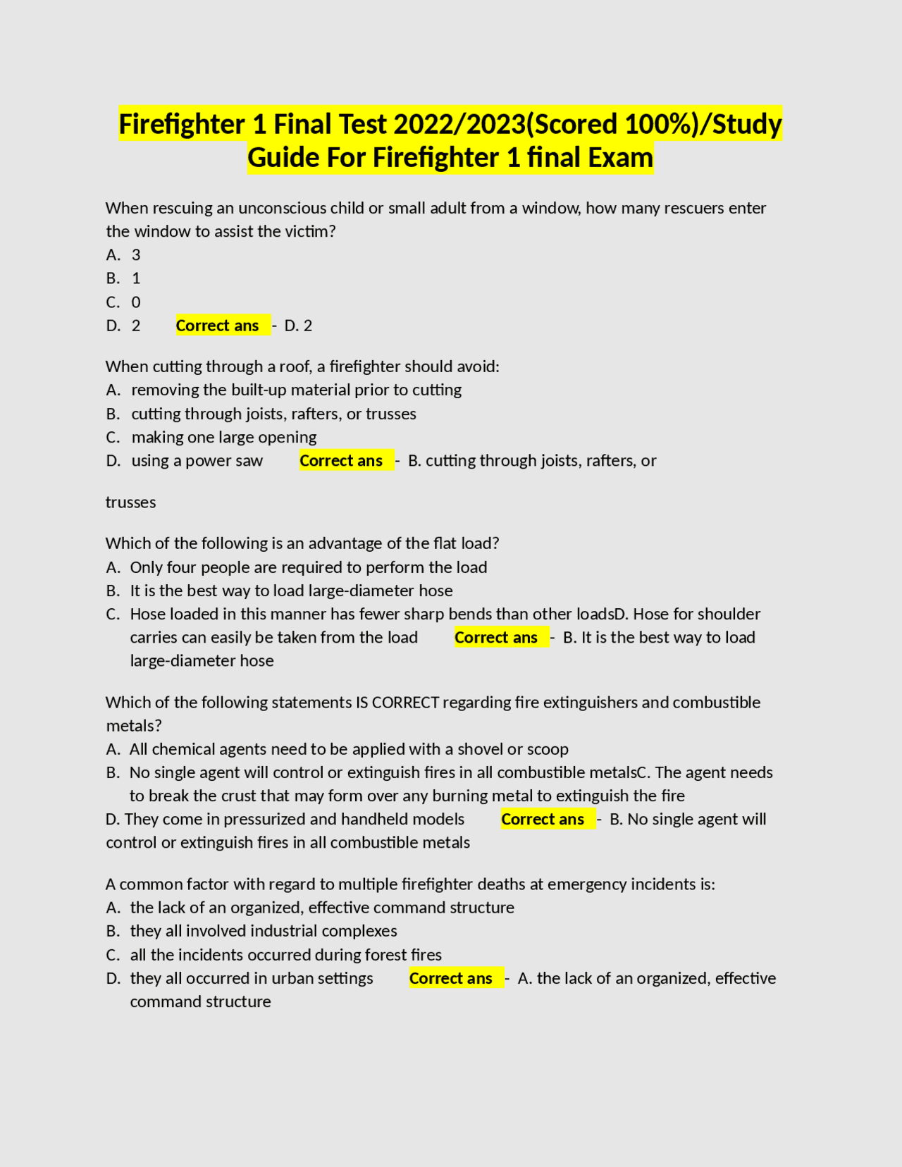 Firefighter 1 Final Test 2022/2023(Scored 100%)/Study Guide For ...